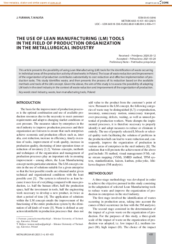 (PDF) The Use of Lean Manufacturing (LM) Tools in the Field of ...