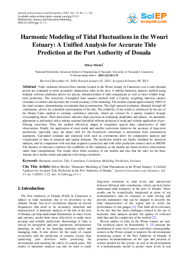 (PDF) Harmonic Modeling of Tidal Fluctuations in the Wouri Estuary: A Unified Analysis for ...