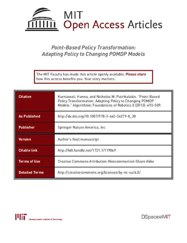(PDF) Point-Based Policy Transformation: Adapting Policy to Changing POMDP Models