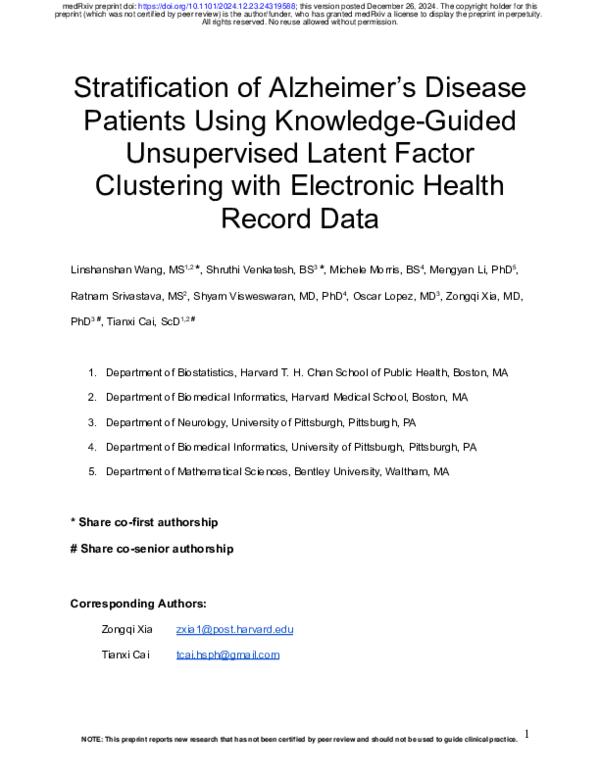 (PDF) Stratification of Alzheimer's Disease Patients Using Knowledge-Guided Unsupervised Latent ...
