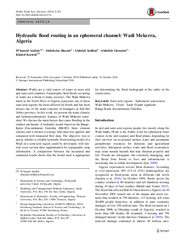 (PDF) Hydraulic flood routing in an ephemeral channel: Wadi Mekerra ...