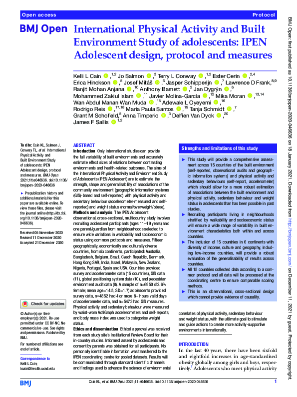 (PDF) International Physical Activity and Built Environment Study of adolescents: IPEN ...