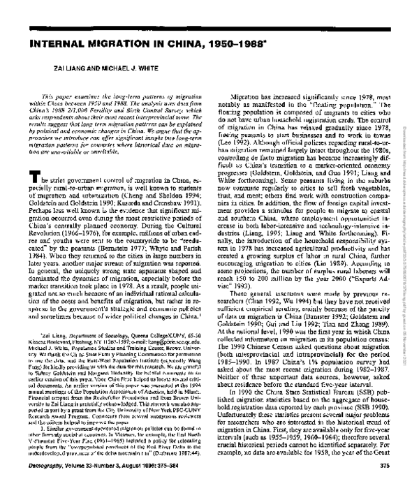 (PDF) Internal migration in China, 1950–1988