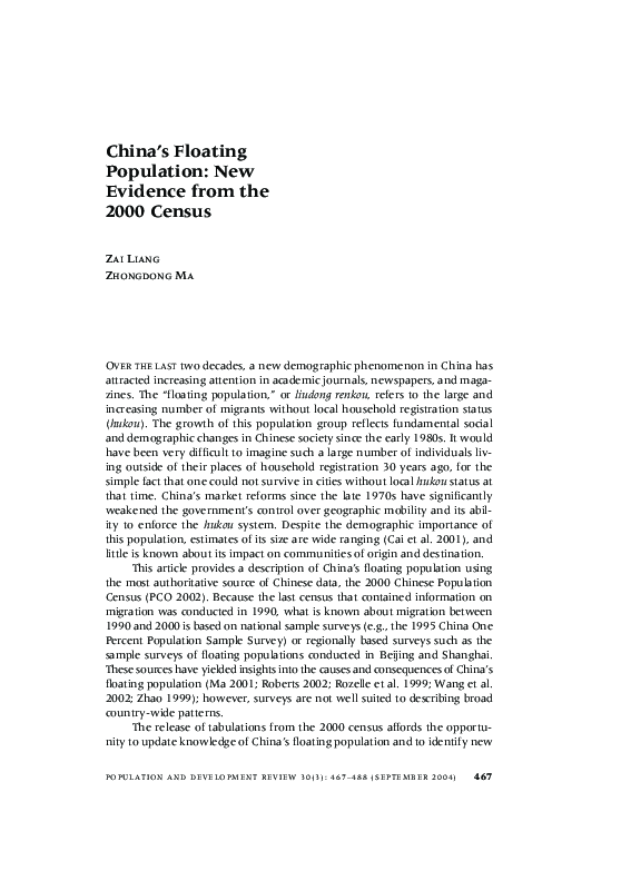(PDF) China's Floating Population: New Evidence from the 2000 Census