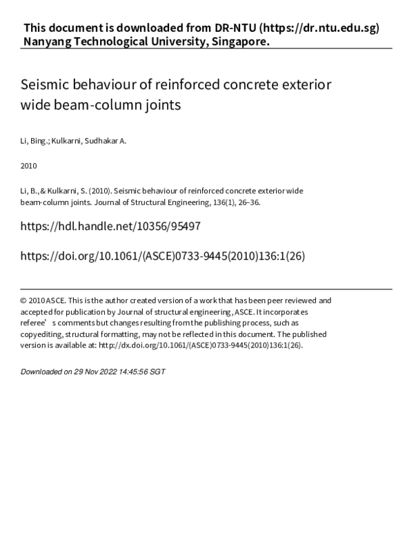 Pdf Seismic Behavior Of Reinforced Concrete Exterior Wide Beam Column Joints