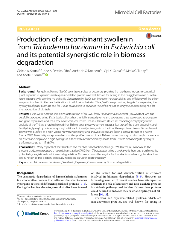 (PDF) Production of a recombinant swollenin from Trichoderma harzianum in Escherichia coli and ...