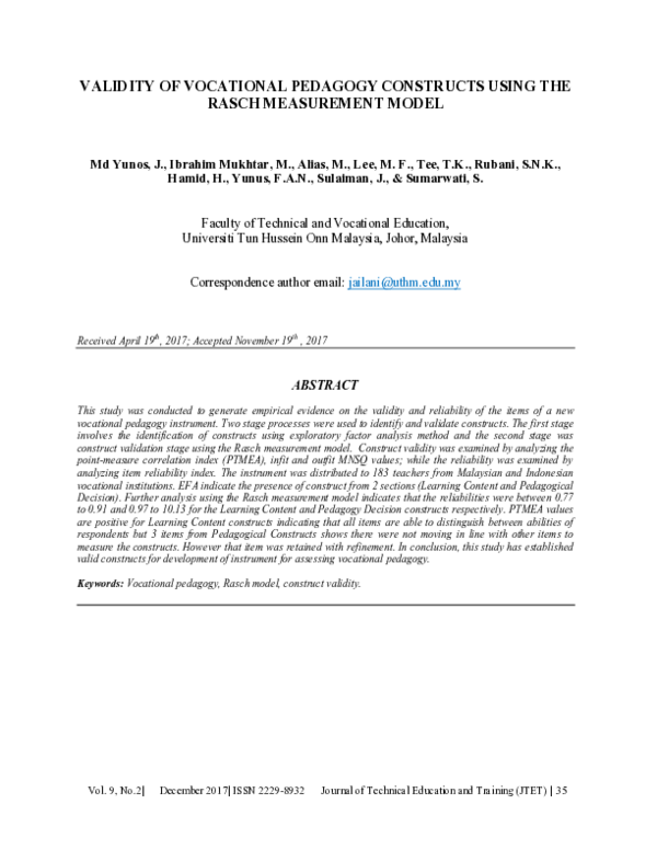 (PDF) Validity of Vocational Pedagogy Constructs Using the Rasch Measurement Model