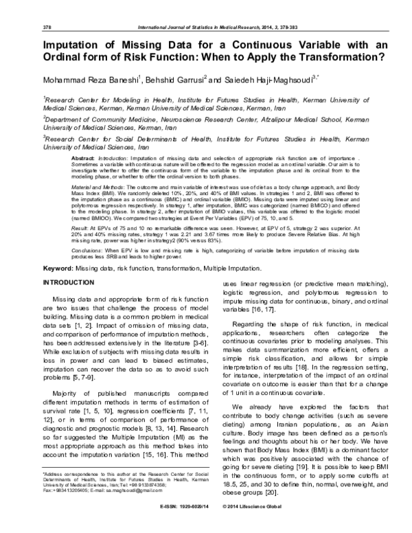 Pdf Imputation Of Missing Data For A Continuous Variable With An Ordinal Form Of Risk Function