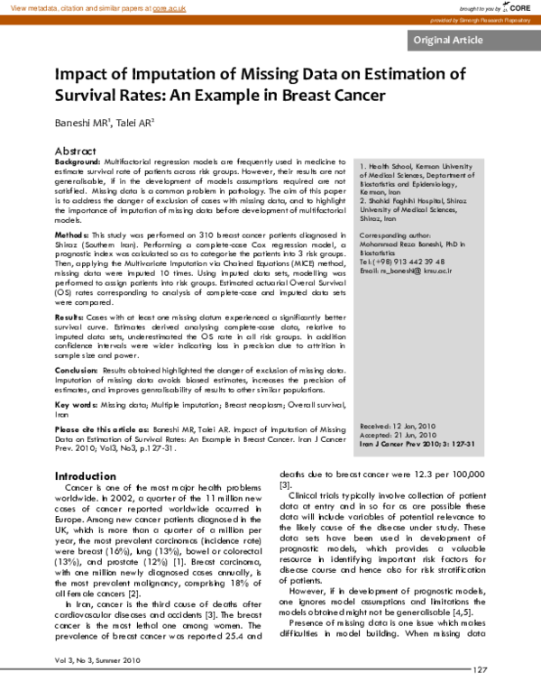 Impact Of Imputation Of Missing Data On Estimation Of Survival Rates An Example In Breast Cancer