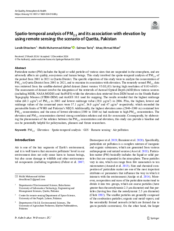 Spatio-temporal analysis of PM 2.5 and its association with elevation by using remote sensing ...