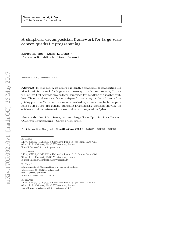 (PDF) A simplicial decomposition framework for large scale convex quadratic programming