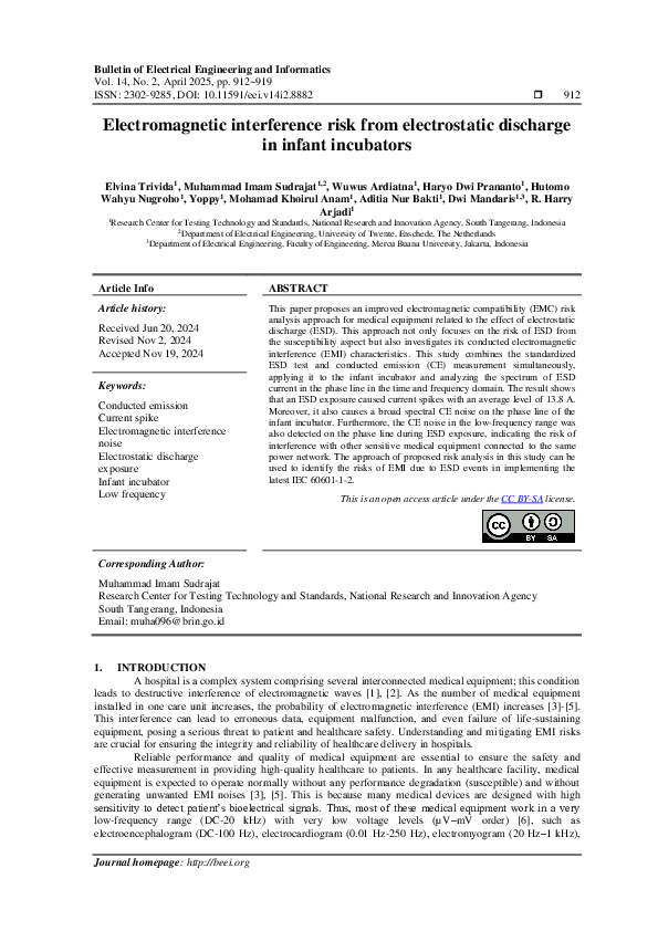 (PDF) Electromagnetic interference risk from electrostatic discharge in infant incubators