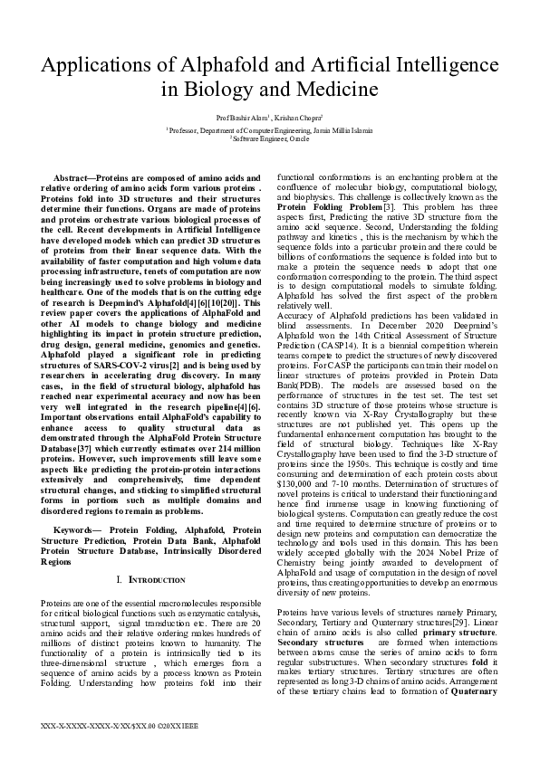 (PDF) Applications of Alphafold and Artificial Intelligence in Biology and Medicine