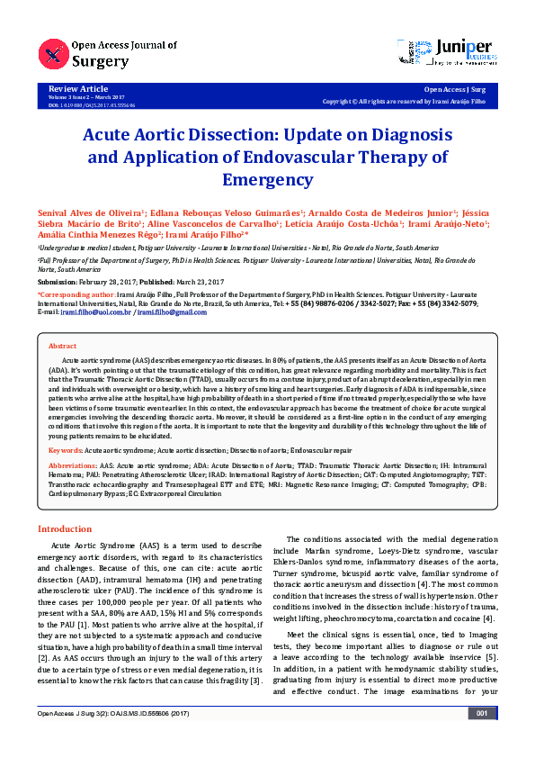 Acute Aortic Dissection: Update on Diagnosis and Application of ...
