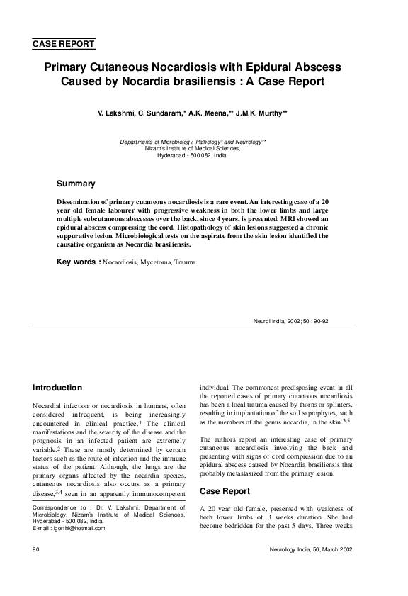 (PDF) Primary cutaneous nocardiosis with epidural abscess caused by ...