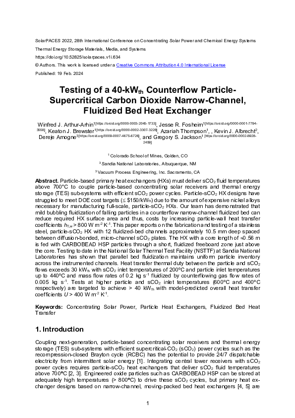 (PDF) Testing of a 40-kWth Counterflow Particle-Supercritical Carbon ...