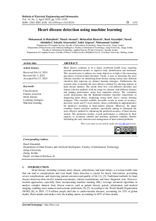 (PDF) Heart disease detection using machine learning