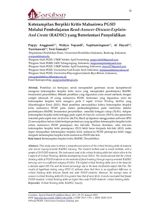 (PDF) Keterampilan Berpikir Kritis Mahasiswa PGSD Melalui Pembelajaran Read-Answer-Discuss ...