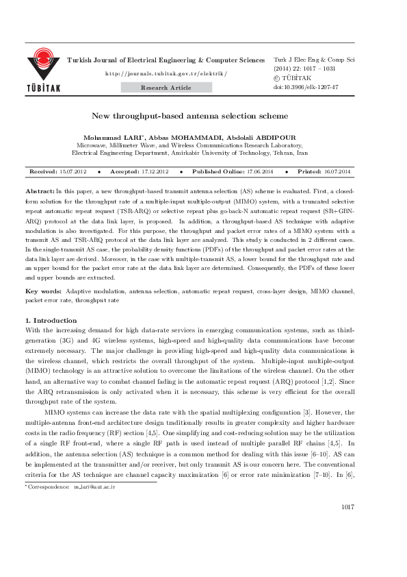 (PDF) New throughput-based antenna selection scheme