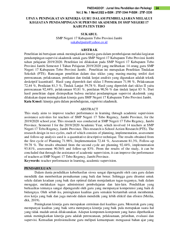 (PDF) Upaya Peningkatan Kinerja Guru Dalam Pembelajaran Melalui Kegiatan Pendampingan Supervisi ...