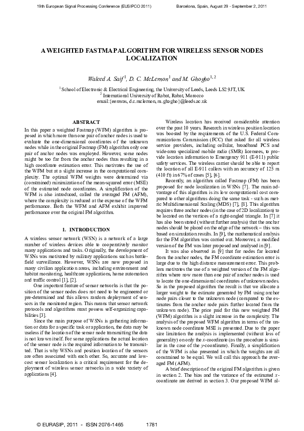 (PDF) A Weighted Fastmap Algorithm For Wireless Sensor Nodes Localization