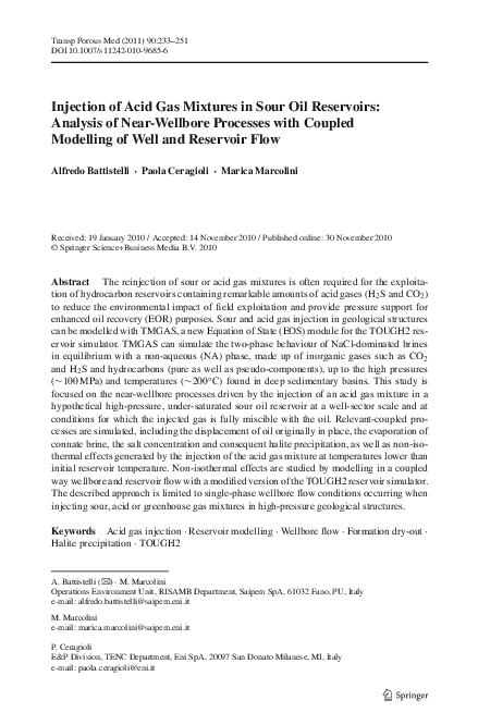 (PDF) Injection of Acid Gas Mixtures in Sour Oil Reservoirs: Analysis ...