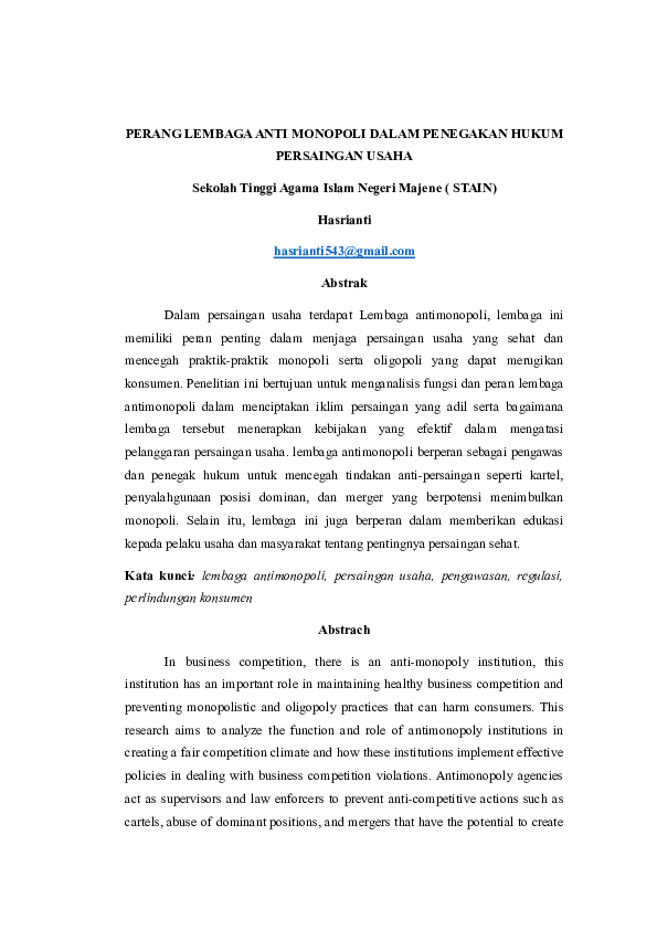 PERANG LEMBAGA ANTI MONOPOLI DALAM PENEGAKAN HUKUM PERSAINGAN USAHA