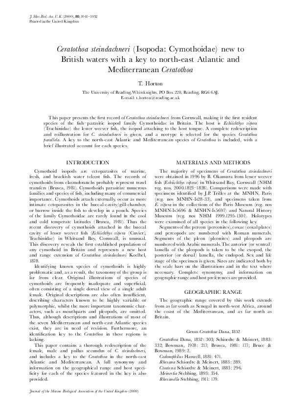 (PDF) Ceratothoa steindachneri (Isopoda, Cymothoidae): An unusual ...