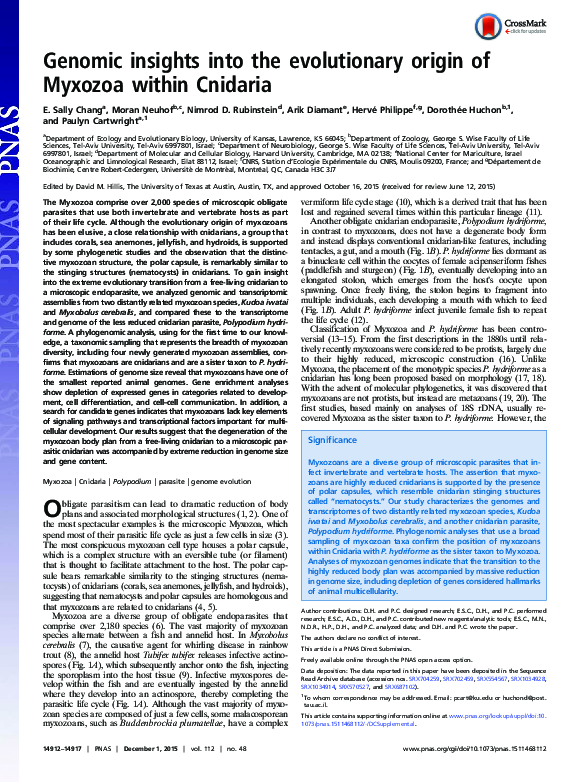 (PDF) Genomic insights into the evolutionary origin of Myxozoa within Cnidaria