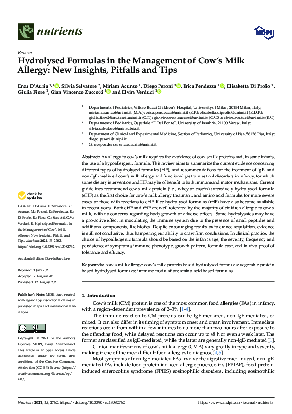 (PDF) Hydrolysed Formulas in the Management of Cow’s Milk Allergy: New ...