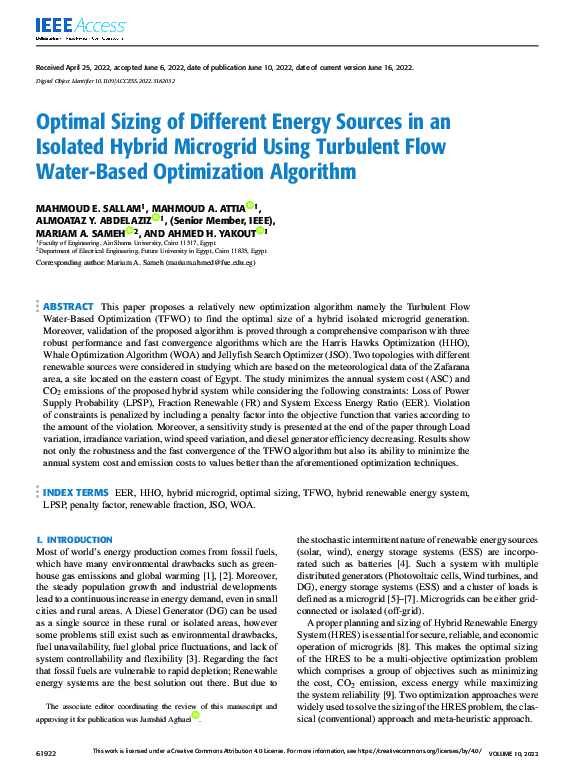 Optimal Sizing of Different Energy Sources in an Isolated Hybrid Microgrid Using Turbulent Flow ...