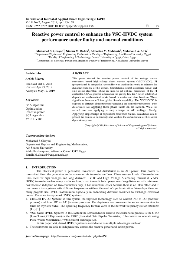 (PDF) Reactive power control to enhance the VSC-HVDC system performance under faulty and normal ...