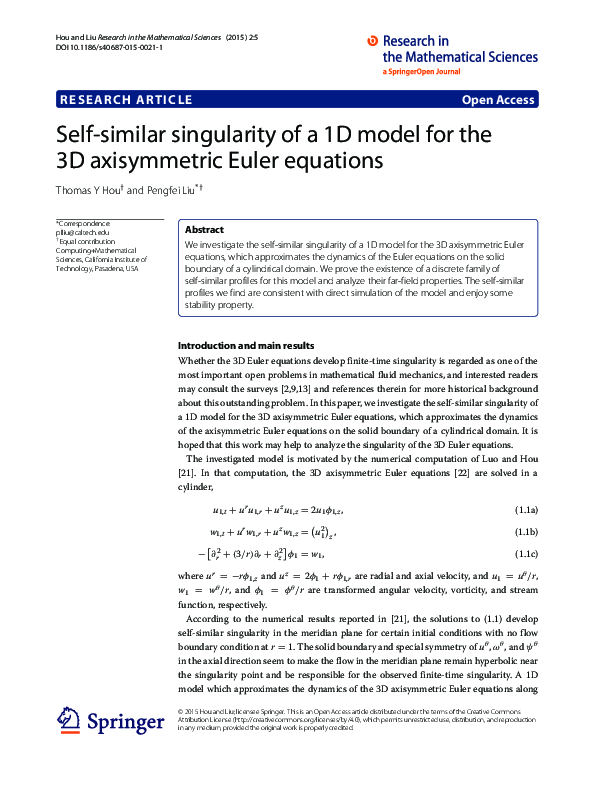 Pdf Self Similar Singularity Of A 1d Model For The 3d Axisymmetric Euler Equations