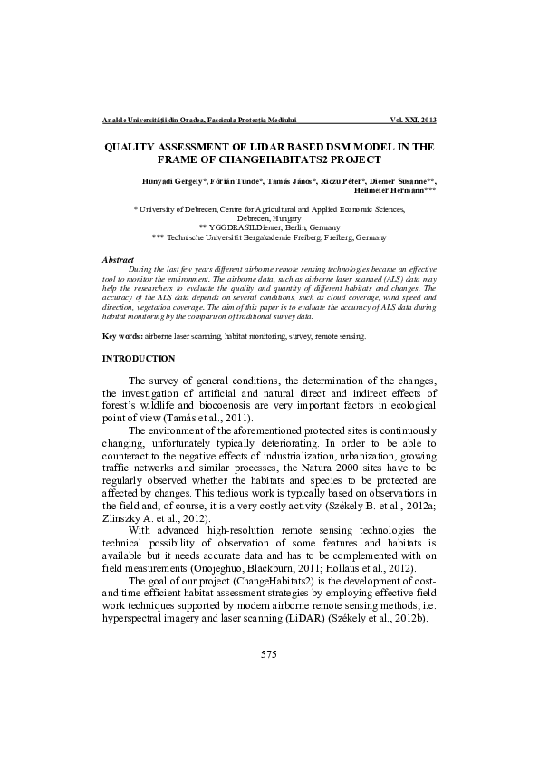 Quality Assessment of Lidar Based DSM Model in the Frame of CHANGEHABITATS2 Project