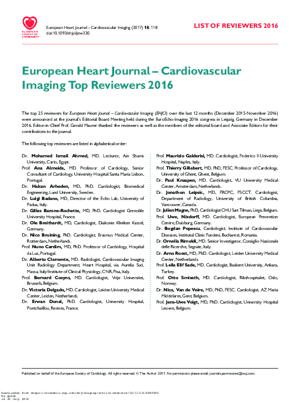 (PDF) European Heart Journal – Cardiovascular Imaging Top Reviewers 2016