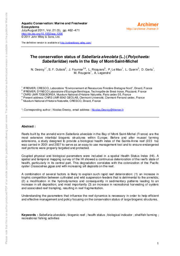 (PDF) The conservation status of Sabellaria alveolata (L.) (Polychaeta ...