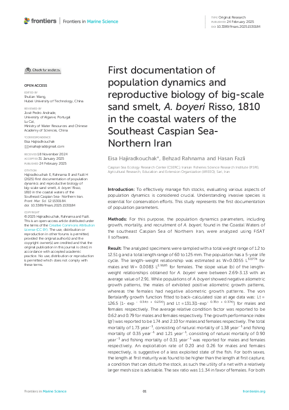 First documentation of population dynamics and reproductive biology of big-scale sand smelt, A ...
