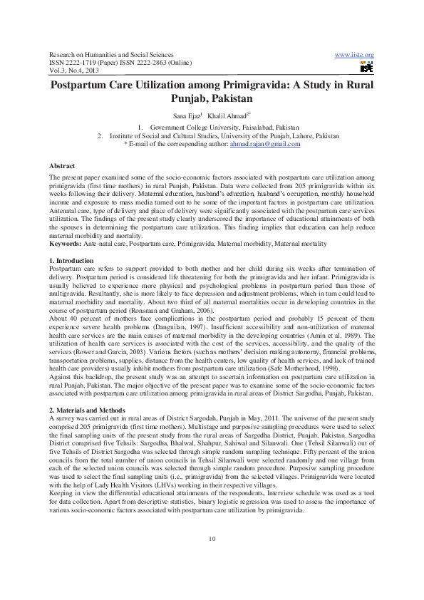 (PDF) Postpartum Care Utilization among Primigravida: A Study in Rural Punjab, Pakistan