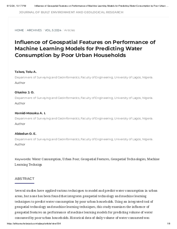 Influence of Geospatial Features on Performance of Machine Learning Models for Predicting Water ...