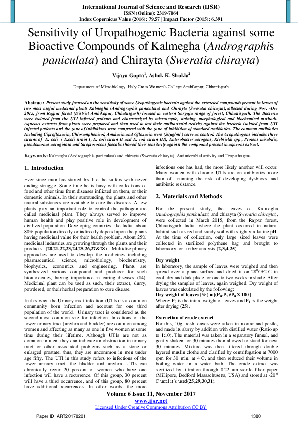 (PDF) Sensitivity of Uropathogenic Bacteria against some Bioactive ...