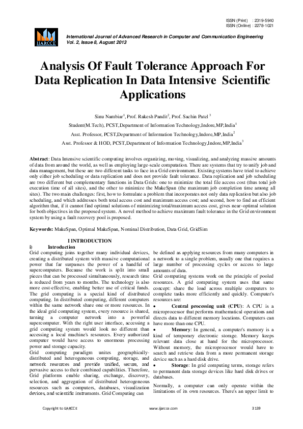 Analysis Of Fault Tolerance Approach For Data Replication In Data Intensive Scientific Applications