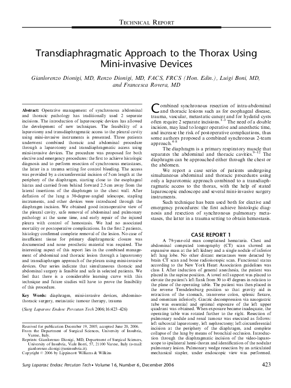 Transdiaphragmatic Approach to the Thorax Using Mini-invasive Devices