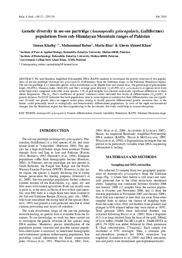 (PDF) Genetic diversity in see-see partridge (Ammoperdix griseogularis ...