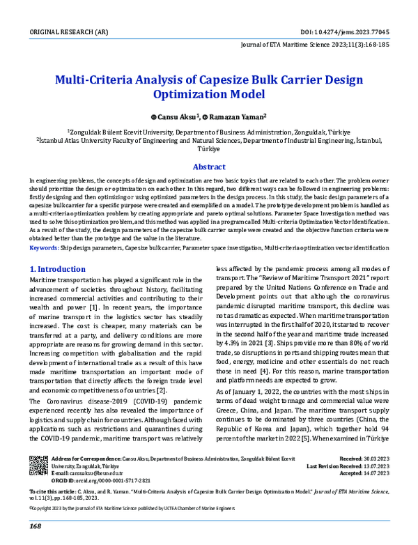 (PDF) Multi-Criteria Analysis of Capesize Bulk Carrier Design Optimization Model