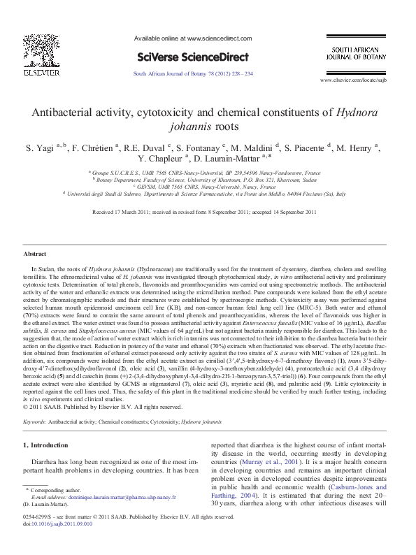 (PDF) Antibacterial activity, cytotoxicity and chemical constituents of Hydnora johannis roots
