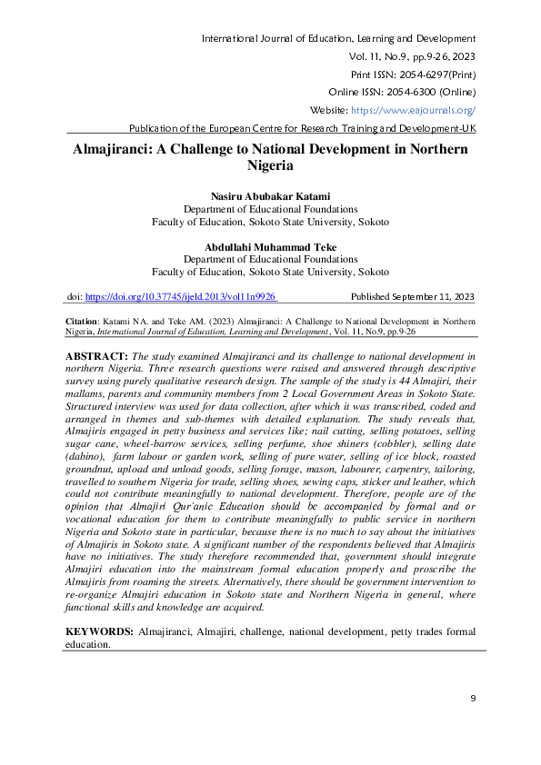 (PDF) Almajiranci: A Challenge to National Development in Northern Nigeria