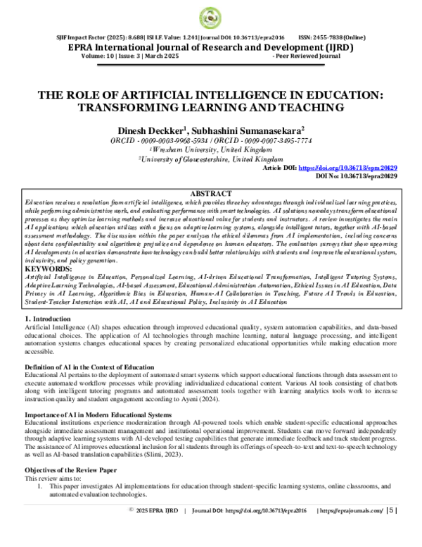 (PDF) THE ROLE OF ARTIFICIAL INTELLIGENCE IN EDUCATION: TRANSFORMING LEARNING AND TEACHING