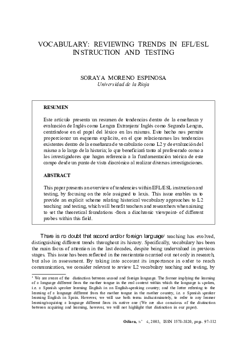 (PDF) Vocabulary: Reviewing Trends in EFL/ESL Instruction and Testing