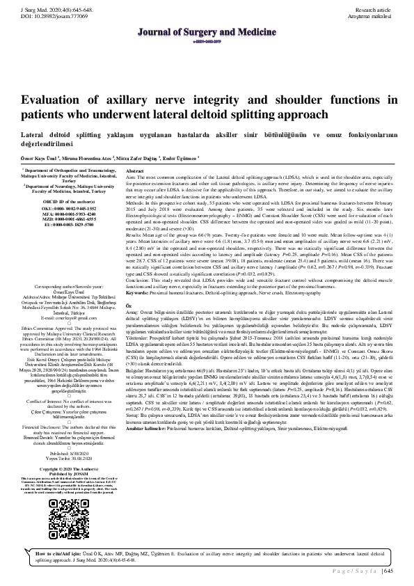 (PDF) Evaluation of axillary nerve integrity and shoulder functions in ...