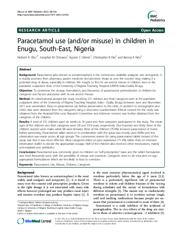 (PDF) Paracetamol use (and/or misuse) in children in Enugu, South-East ...